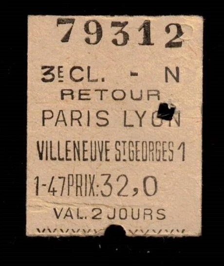 ANCIEN TICKET DE quai train 3e classe [Retour Paris Lyon Villeneuve St ...
