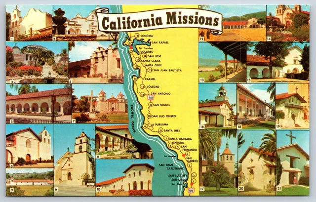 POSTCARD MAP SHOWING The Locations Of The Missions California Unposted ...