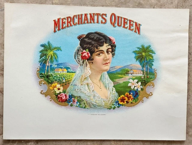 VINTAGE 1940'S MERCHANT Queen Inner Cigar Box Label Advertisement Litho ...