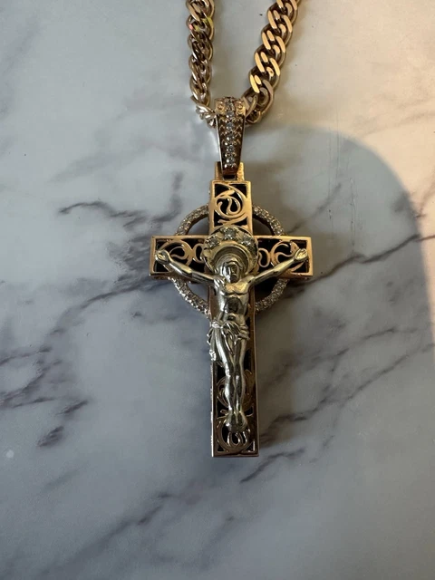 YELLOW GOLD DIAMOND Set Cross and Chain 14 CT 585 Gold £1,026.68 ...