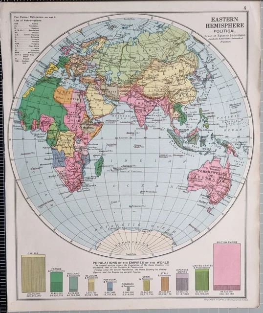 1921 CARTE HÉMISPHÈRE Oriental Population Empires Du Monde Afrique Asie ...