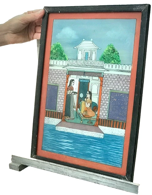INDIAN REVERSE GLASS Painting Mughal Princess Lakeside Art Deco Period ...