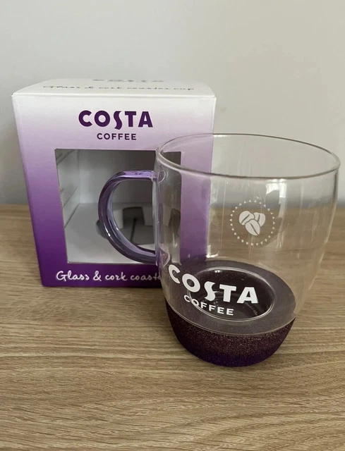 LIMITED EDITION COSTA Coffee Mug and Cork Coaster Purple Borosilicate ...