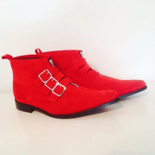 NEW HANDMADE MEN Chukka Triple Buckle Monk Red Suede Leather Causal ...