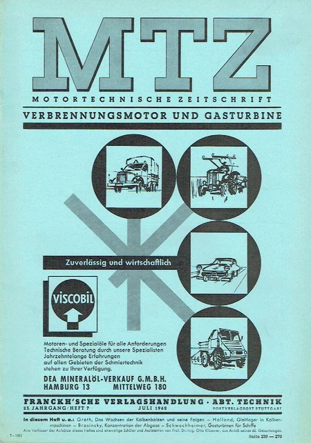 MTZ MOTORTECHNISCHE ZEITSCHRIFT Verbrennungsmotor Gasturbine 1962 Heft 7 Motor EUR 19,99 ...