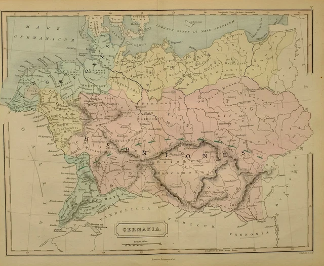 1873 MANO COLORATO Antico Mappa Germania Hermionesbohemia Marcomanni ...