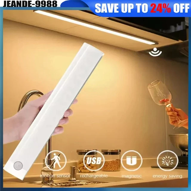 WIRELESS LED PIR Motion Sensor Light Strip USB Rechargeable Cabinet ...