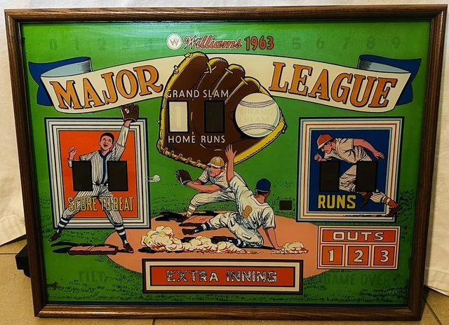 VINTAGE WILLIAMS 1963 LIGHT UP PINBALL MACHINE BACK GLASS Major League ...
