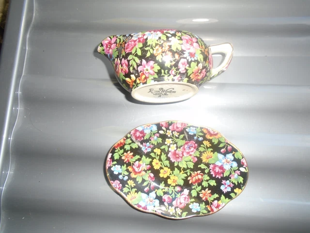 ROYAL WINTON CHELSEA Chintz Gravy Boat & Stand Black Floral Pattern ...