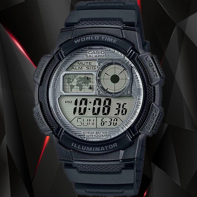 CASIO AE1000W-7AV DIGITAL Map Watch 10 Year Battery World Time 5 Alarms ...