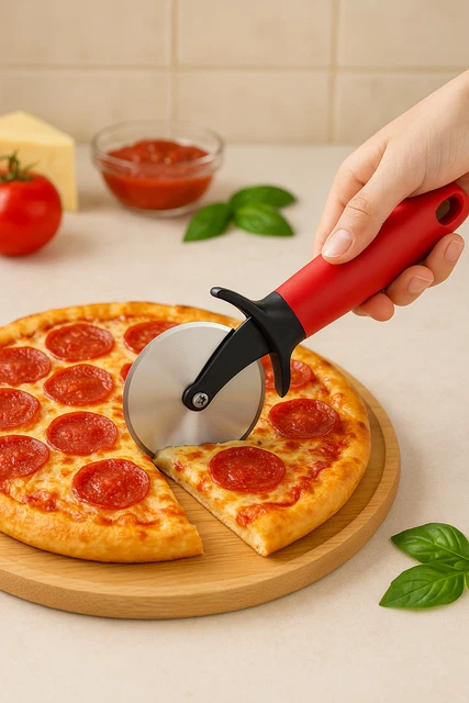 STAINLESS STEEL LARGE Red Pizza Cutter Slicer Sharp Cutting Wheel ...