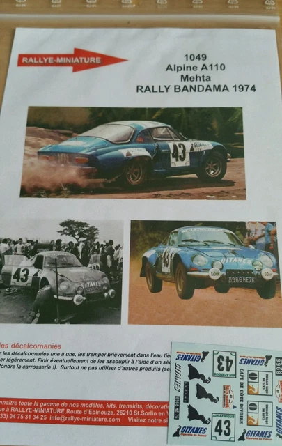 DECALS 1/24 REF 1049 Alpine Renault A110 Metha Rallye Bandama 1974 ...