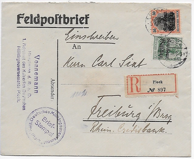 BESETZUNG I. WK Polen: Feldpostbrief Plock nach Freiburg 1918 EUR 41,30 ...