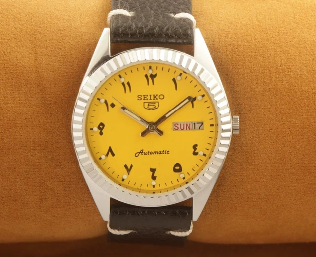 VINTAGE SEIKO 5 Automatic Yellow ARABIC Japan Working Wrist Watch 35mm ...