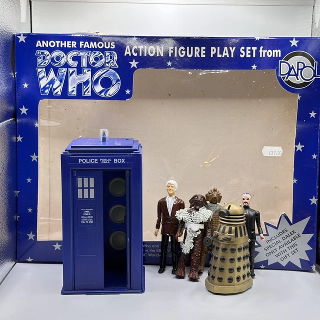 DOCTOR WHO BOX Damaged Dapol Tardis Gold Dalek, Third Doctor Sea Devil ...