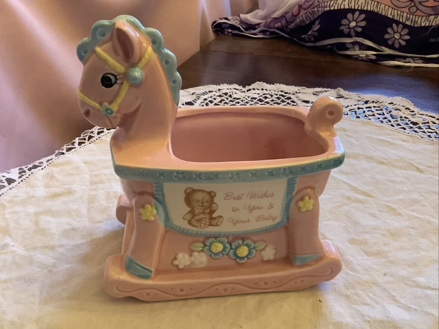 VINTAGE JAPAN CERAMIC Pastel Baby Pink Rocking Horse Planter Nursery ...