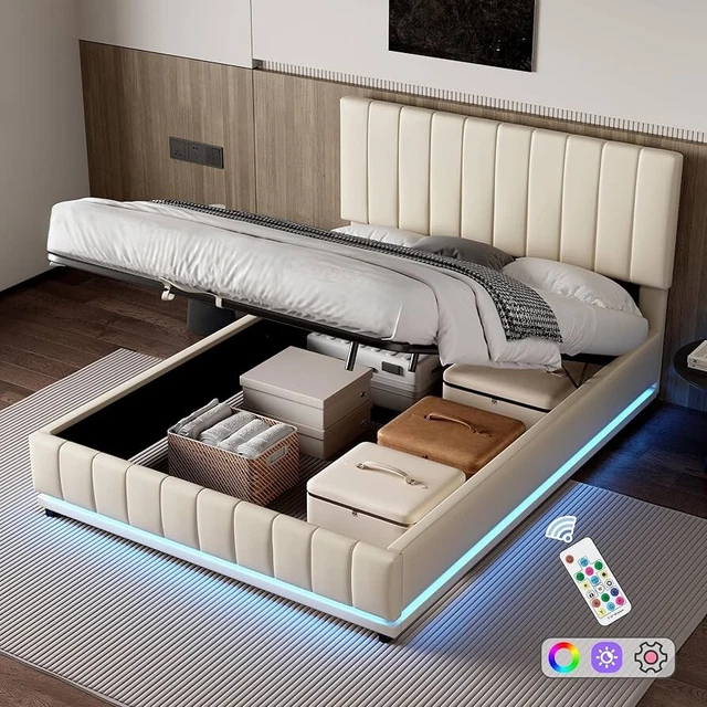 4FT6 DOUBLE UPHOLSTERED Bed Frame Ottoman Lift Storage Bed with LED Lights Beige £269.99 ...