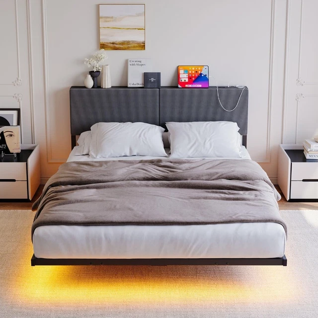 4FT6 DOUBLE BED Frame w/ USB Charging Station and LED Light, Floating ...