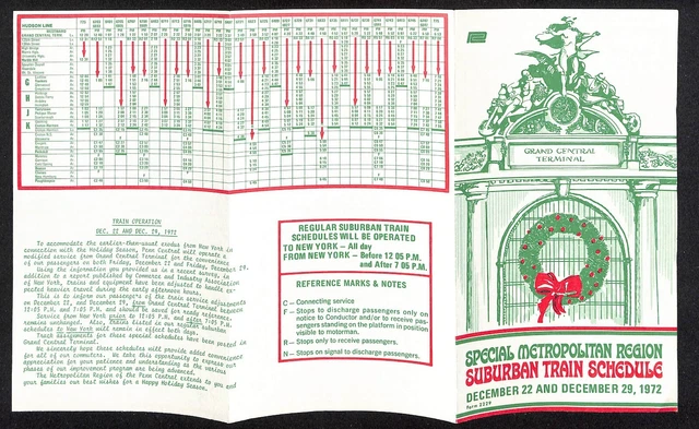 PENN CENTRAL RAILROAD Special Metropolitan Region Train Schedule Dec 22 ...
