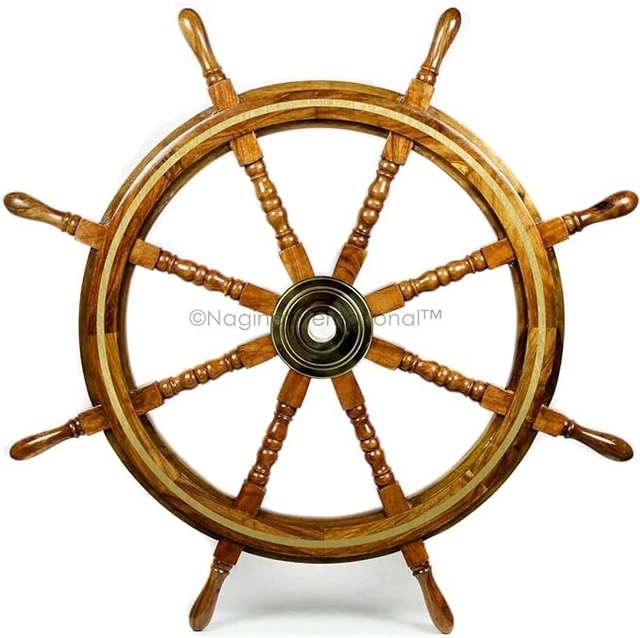 91.4CM GRAND BATEAU Volant de Direction en Bois Ancien Teck Laiton Marin Pirate EUR 156,54 ...