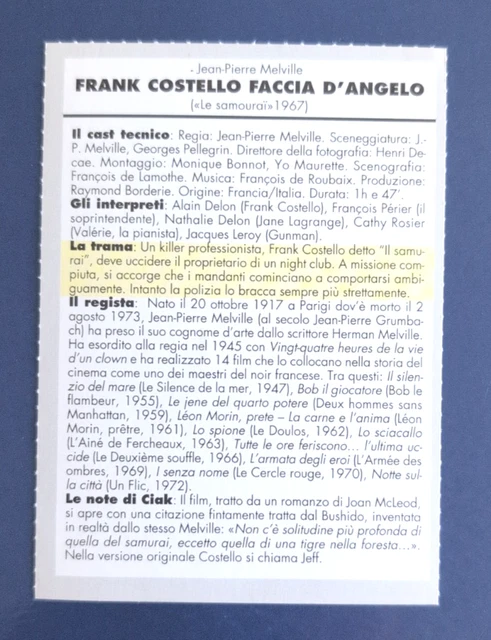 CARTOLINA CINEMATOGRAFICA FRANK Costello 1967 Alain Delon Le Samourai ...