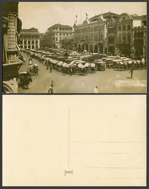 SINGAPORE OLD REAL Photo Postcard RAFFLES PLACE Rickshaw Motor Cars ...