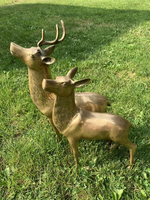 VINTAGE LARGE PAIR 19" Brass Buck Deer with Antlers And the Doe ...