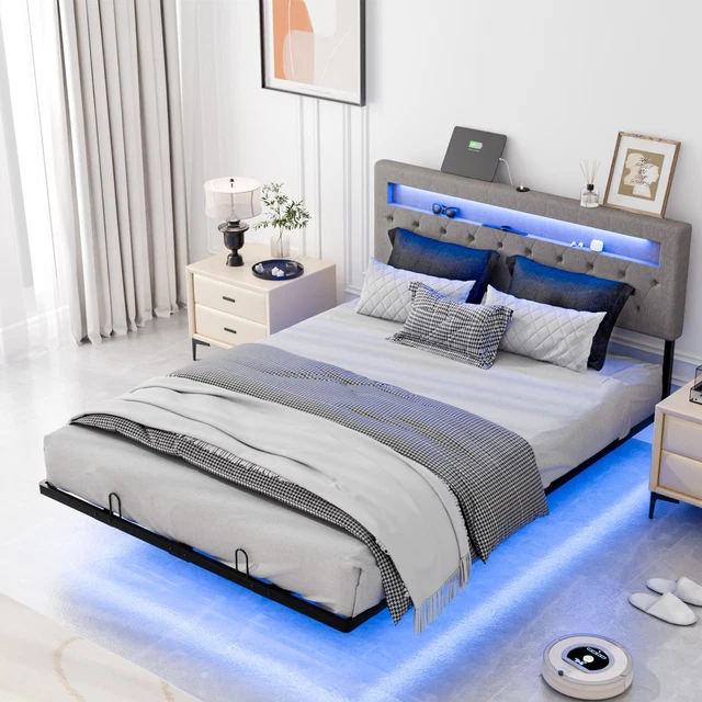 BONNLO FLOATING SINGLE/DOUBLE/KING Bed Frame with LED Lightg & Storage ...
