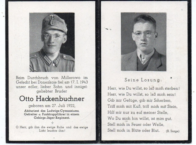 ORIGINAL GERMAN WW2 Death Card -sterbebild-soldiers death details wk2 ...