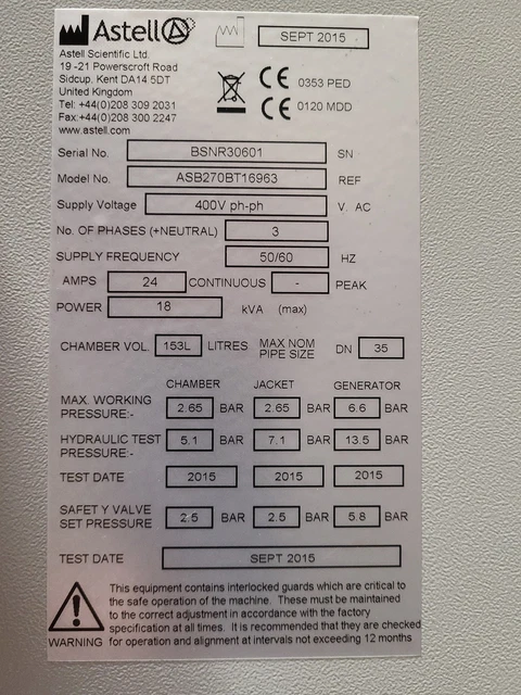 ASTELL ASB270BT16963 AUTOCLAVE Front Loading Floor Standing Autoclave ...