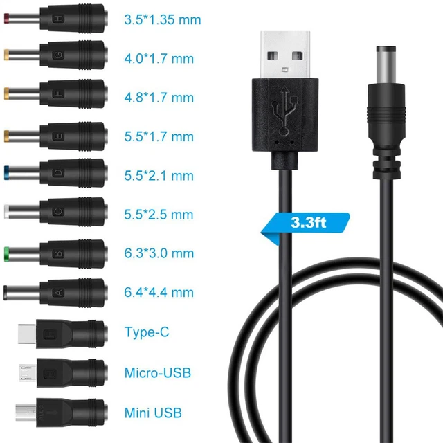 5.5*2.1MM WITH 11 Sizes Connector USB to DC Port 5V Charging Cable ...