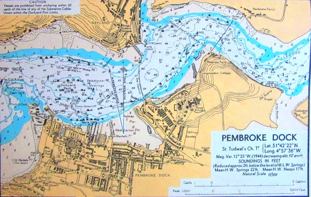 1943 WW2 D DAY Admiralty Map Chart PEMBROKE DOCK PEMBROKESHIRE ref:76 ...