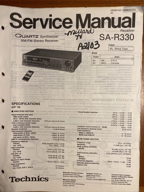 TECHNICS BY PANASONIC Sa-R330 Fm/Am Stereo Receiver Service Repair ...