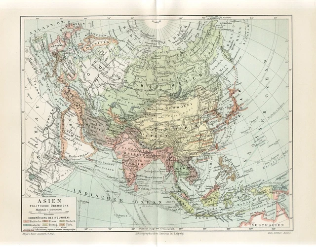 1902 ASIA POLITICAL MAP INDIA CHINA SIAM FRENCH INDOCHINA PERSIA Antiq ...