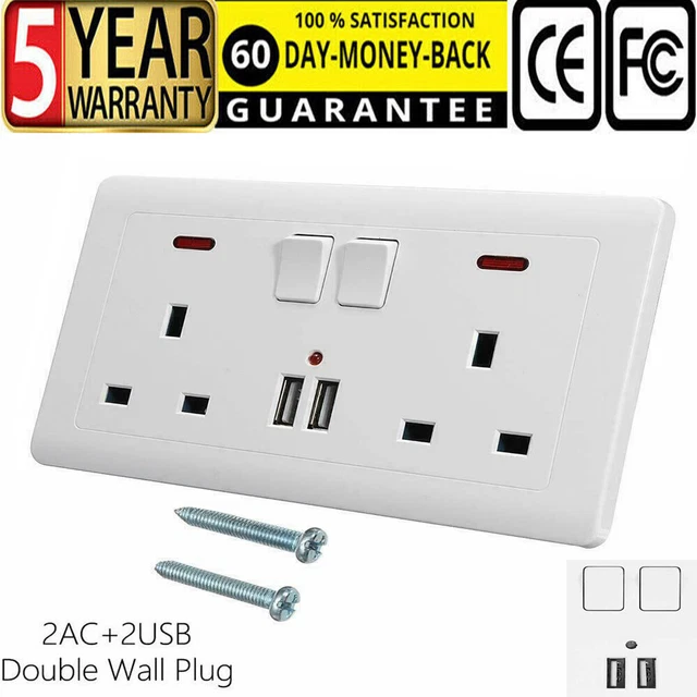 DOUBLE WALL PLUG Socket 2 Gang 13A w/ 2 Charger USB Ports Outlets Flat ...