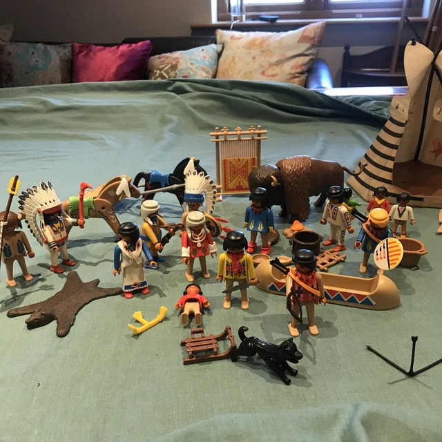 PLAYMOBIL VINTAGE INDIANS Horses Buffalo Bison Western Native Camp ...
