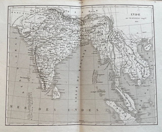 ORIGINAL ANTIQUE Map of India 1852 French Duvotenay Tibet Hindustan ...