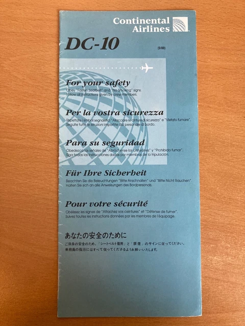 CONTINENTAL AIRLINES MCDONNELL Douglas DC-10 Safety Card (9/00) EUR 8 ...