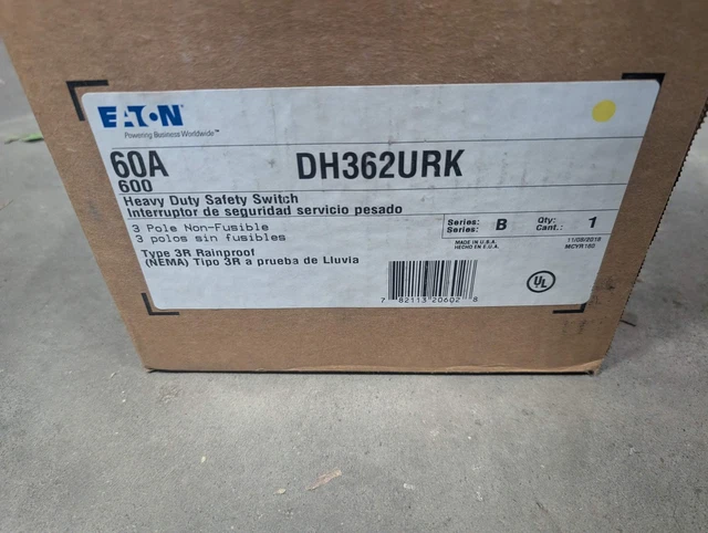 EATON DH362URK 60A 600V Heavy Duty 3 Pole Non-Fusible NEMA 3R New NIB ...
