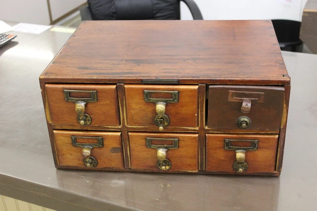 VINTAGE WOOD 6 Drawer Index Card File Dovetail Library Cabinet ...