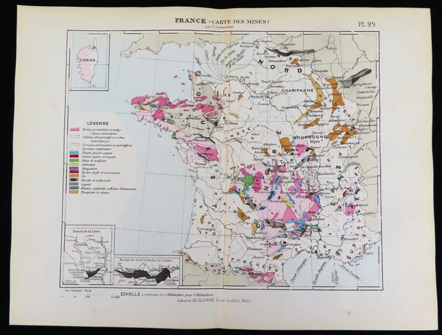 ANTICO MAP FRANCIA Francese Miniere Mining Geology Industria Vecchio ...
