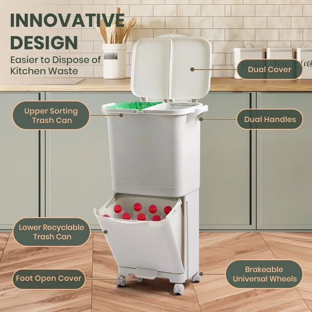 45L KITCHEN BIN Waste Sorting Trash Bins 3 Lid Garbage Recycling Wheels ...