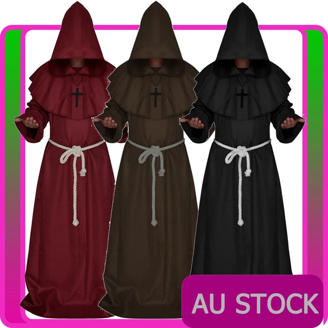 MENS MONK COSTUME Brown Priest Medieval Friar Hooded Robe Renaissance ...