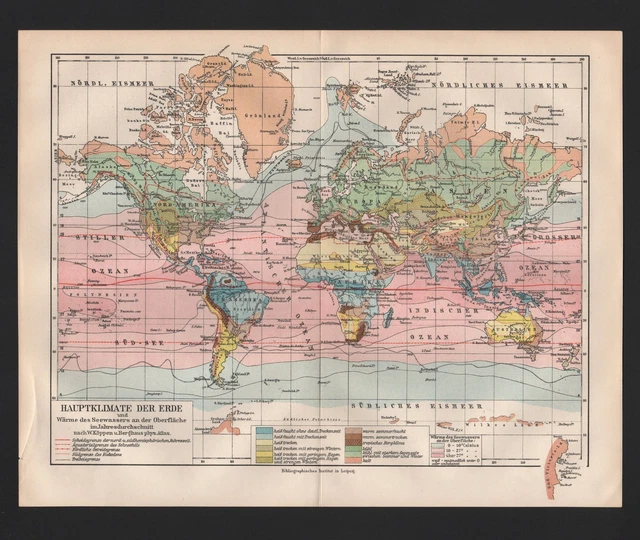 MAP MAP 1908: MAIN CLIMATE MAP OF THE EARTH. Heat d seawater year-round ...