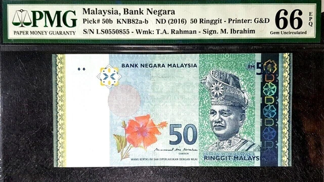 PMG GEM UNC 66 EPQ MALAYSIA 50 Ringgit B/Note S/N-LS 0550855(+FREE1 note)#21482 $143.40 ...