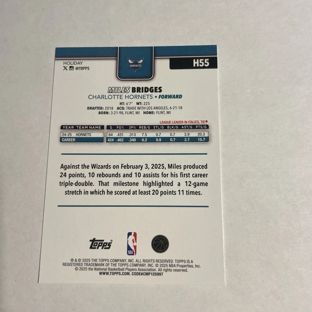 2025-26 TOPPS HOLIDAY Miles Bridges #H55 $1.38 - PicClick CA