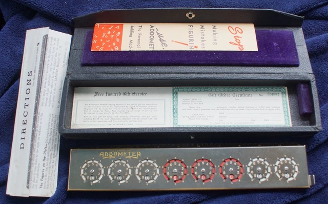 VINTAGE ADDOMETER ADDING Machine and Ruler with Original Case/Paperwork ...