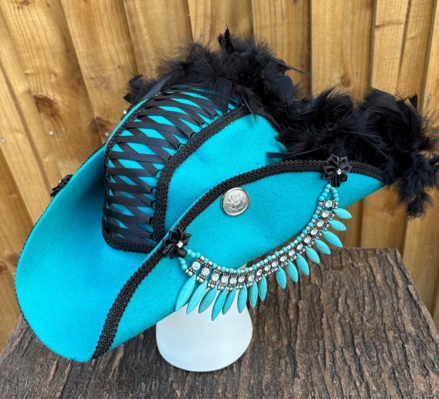 TURQUOISE BLACK TRICORN Pirate Hat Renaissance Feathers Corset Jewels ...