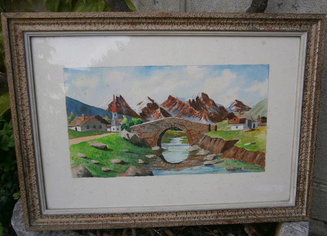 AQUARELLE SIGNÉE A Floischmann paysage de montagne tableau peinture wall paint EUR 15,00 ...