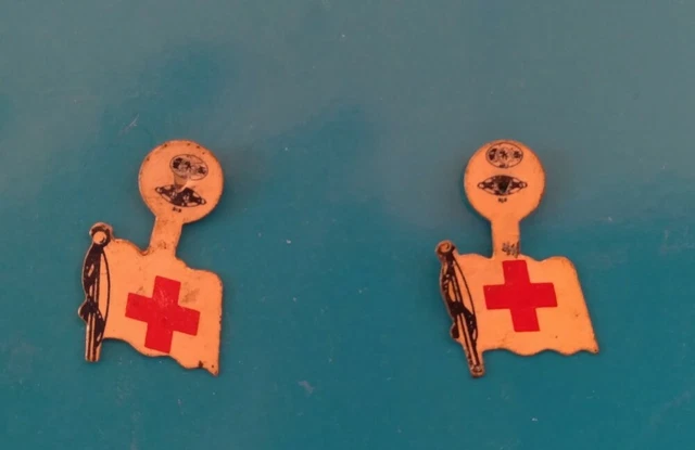 Vintage Pair Of Red Cross Flag Fold Back Tab Pinback Lapel Buttons 4